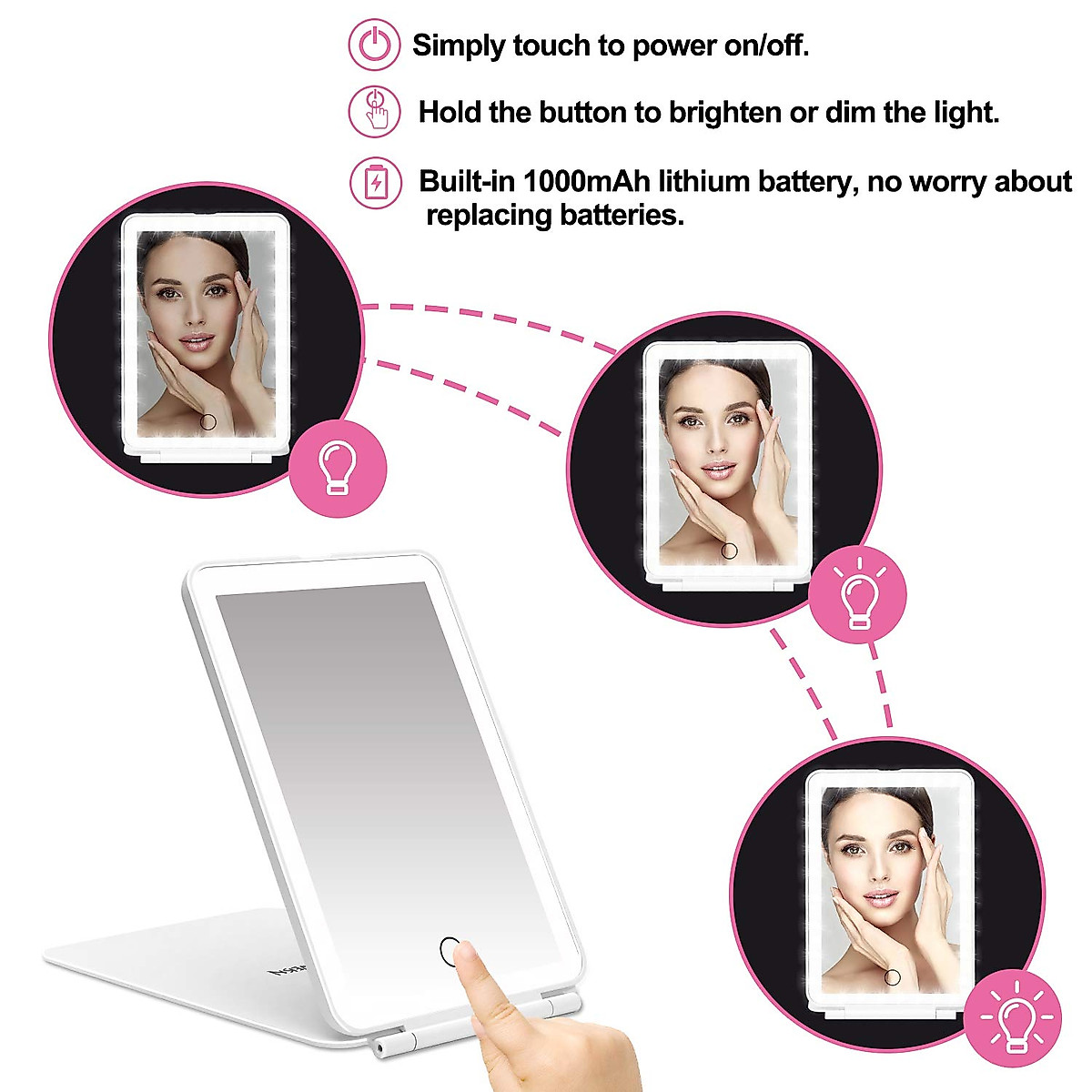 deweisn LED Tabletop Mount Makeup Mirror for Travel, 32 LEDs Lighted Vanity Mirrors with Dimmable Lighting,Compact, Slim, Rechargeable Folding Lighted Mirror for Beauty (White)