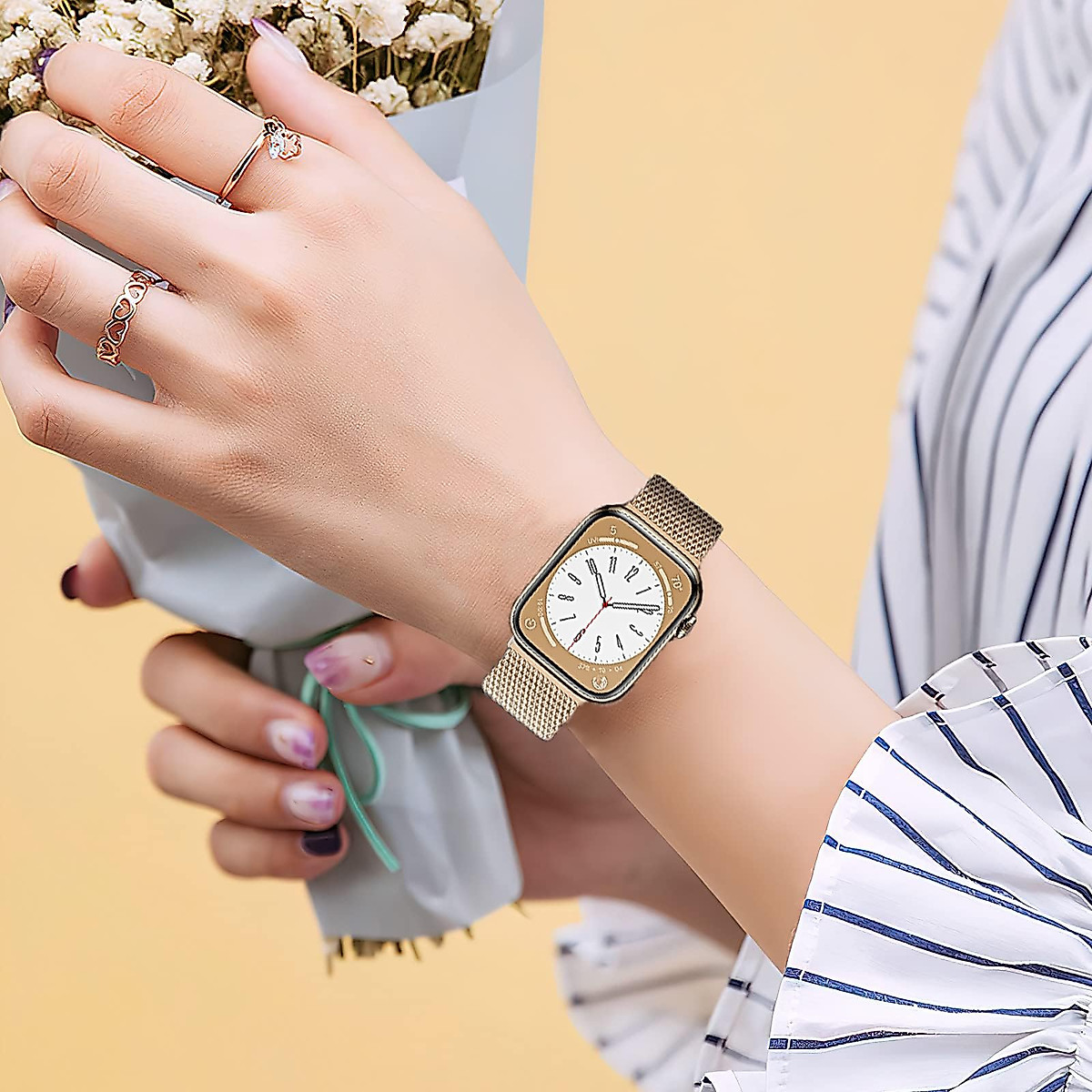 MYAPULUA Magnetic Loop Band for Apple Watch Series 9/ultra 2/SE 2nd/8/ultra/7/SE/6/5/4/3/2/1, 38mm-49mm, Stainless Steel, Mesh Loop, 4 Pack