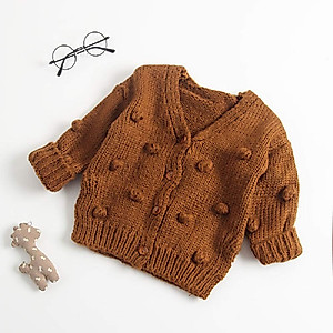 Toddler Baby Girls Winter Coat Pompom Button Knit Sweater Cardigan Kids Long Sleeve Warm Jacket Outerwear (Solid Brown, 2-3T)