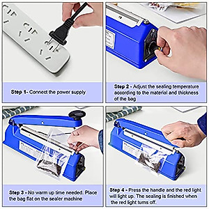 Suteck 8 inch Impulse Bag Sealer, Manual Poly Bag Sealing Machine w/Adjustable Timer Electric Heat Seal Closer with 50Pcs 4X6 Inch Shrink Wrap Bag and 2 Free Replacement Kit (Sapphire)