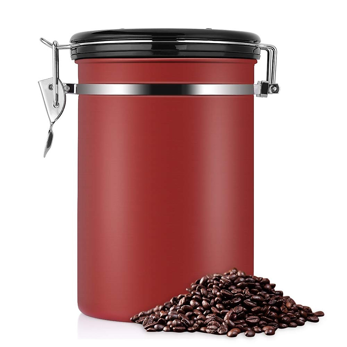 Coffee Canister Red, Stainless Steel Airtight Coffee Container, Ground Coffee Bean Storage with Date Tracker, Vacuum Sealed Espresso Airtight Container, Coffee Jar, Sugar Container