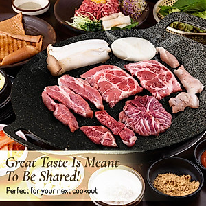 FRESHY CHEF Korean Grill Pan - 15 Inch Non-Stick Aluminum Korean BBQ Grill Pan with 2 Wooden Holders, Rack, and Storage Bag - Lightweight Aluminum Griddle Pan for Stove Top, Induction, Camp Fire