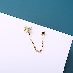 Double Butterfly Chain Cuff Wrap CZ 925 Sterling Silver Stud Crawler Climber Earrings for Women Cartilage Threader Tassel Dangle Hypoallergenic Cute Animal Gifts for Bff Birthday (Gold)
