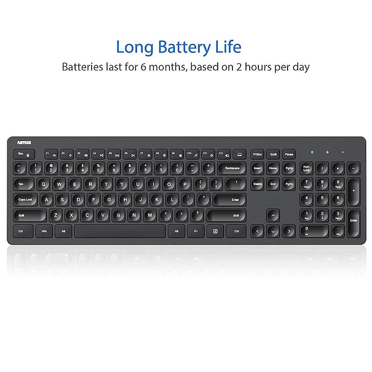 Arteck 2.4G Wireless Keyboard Ultra Slim Full Size Keyboard with Numeric Keypad and Media Hotkey for Computer/Desktop/PC/Laptop/Surface/Smart TV and Windows 11/10/ 8/7