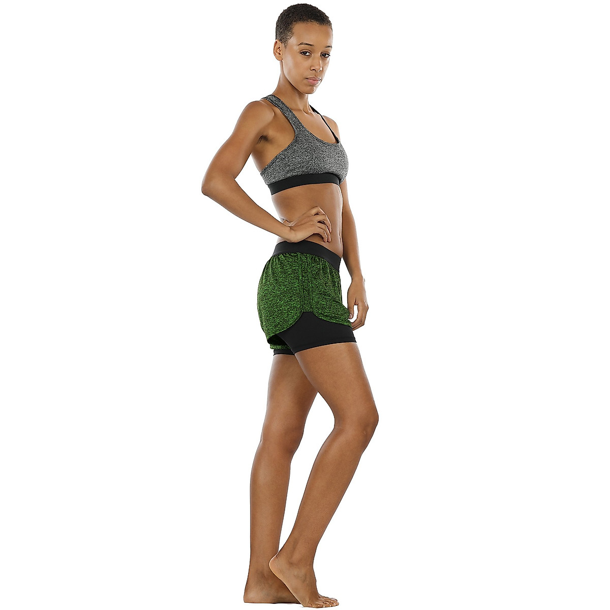 icyzone Running Yoga Shorts for Women - Activewear Workout Exercise Athletic Jogging Shorts 2-in-1 (Black Heather/Green Heather, L)