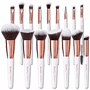 Bueart Design 16Pcs ULTRA SOFT Pearl white labeled Rose Gold Makeup Brushes set Make up brushes face brush Foundation Powder Blending Blush brushes