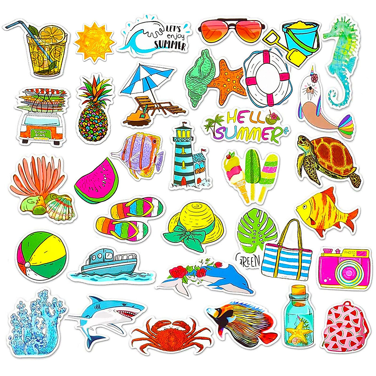 Summer Beach Stickers Ocean Animal Stickers Combo 100 PCS, Vinyl Waterproof Ocean Theme Stickers Bulk for Kids Teens Adults, Cute Sea Animal Stickers for Water Bottle, Laptop, Surfboard, Luggage