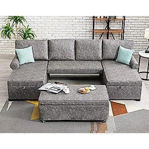 MOEO 108.75" U-Shaped Living Room Sectional Sofa with 2 Chaise Lounges, Large Reversible 6-Seater Couch w/Two USB Port Plug, Storage, Pull Out Bed, Upholstered Nail Head Trim, Grey