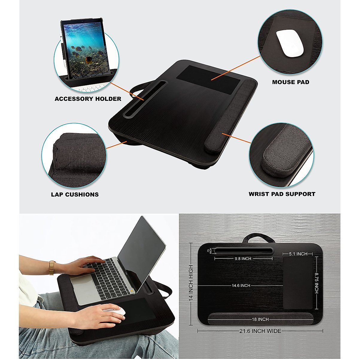 Prestige Import Group Portable Lap Desk with Built-in Mouse Pad, Wrist Pad, Tablet Holder, Cushioned Bottom in Black Oak - Fits up to 17" Laptops