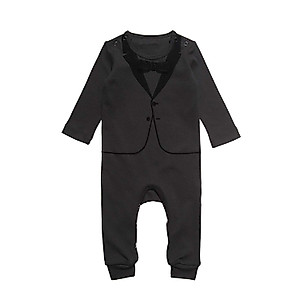 The Tiny Universe Tuxedo Onesie for Fancy Baby Boys, Body Suit with Satin Bow-Tie, Jumpsuit Gentleman Wedding Outfit (All Black, 80 / 12M)