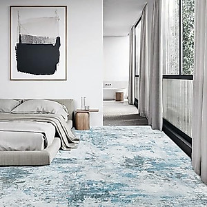 HOMBYS 10x14 ft Modern Abstract Area Rug for Living Room Bedroom, Large Floor Carpet with Non-Slip Backing for Indoor Office Dining Room, Boho Home Deco, Blue, Machine Washable