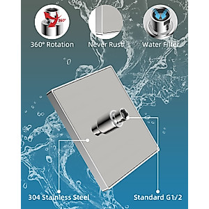 Hibbent Thickness Metal Rain Shower Head, 12 Inch High Pressure Shower Heads, Square Large Bathroom Rainfall Shower Head with Adjustable Brass Ball Joint, Waterfall Full Body Coverage, Chrome