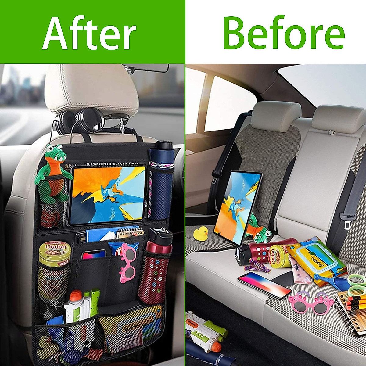 SZcomell Backseat Organizer 2 Pack 9 Storage Pockets and a Touch Screen Tablet Holder, Car Seat Back Organizer and Storage for Kids Toy iPad Bottle Snacks Books