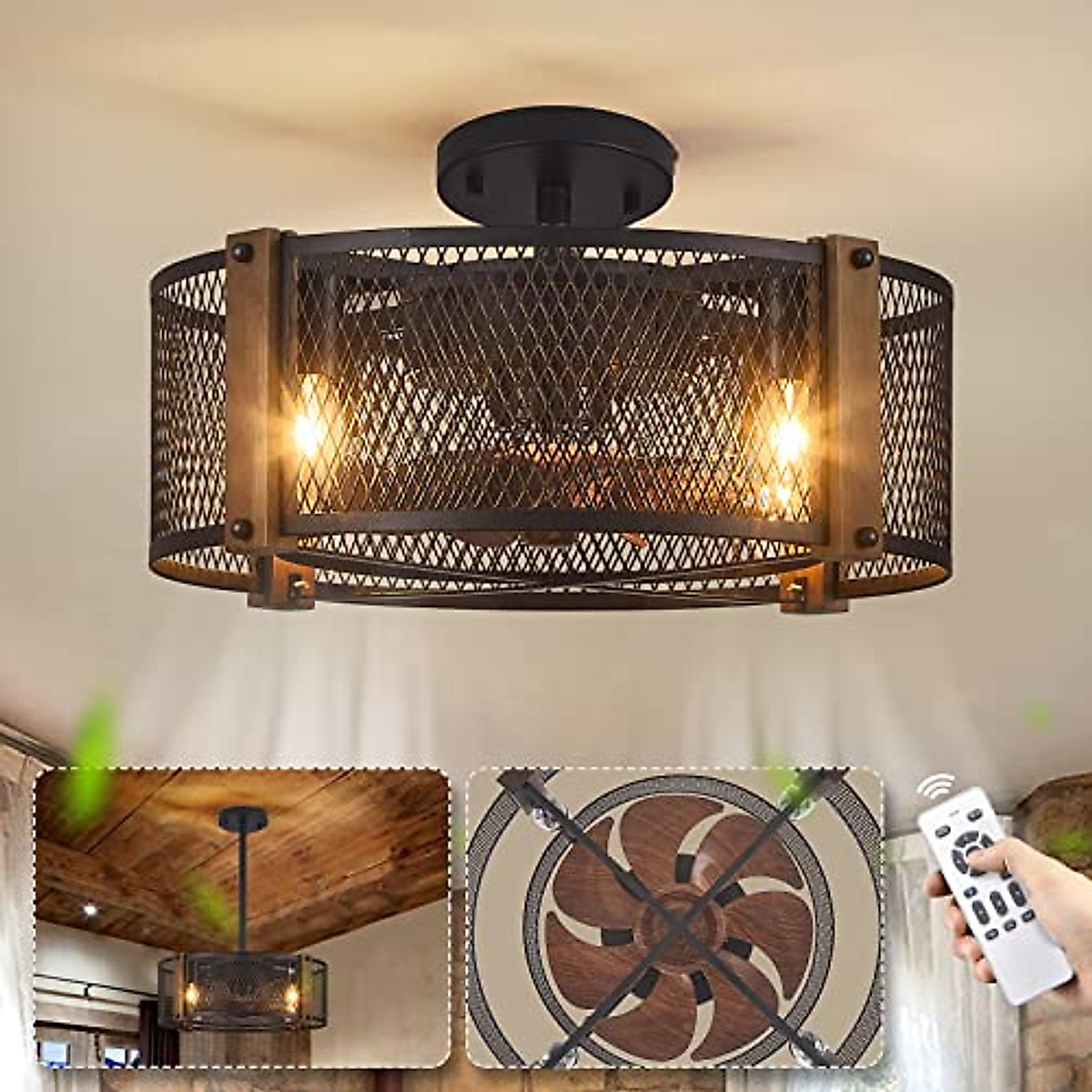 SADENICEL Farmhouse Low Profile Caged Ceiling Fan with Lights Remote Control,17 Inch Industrial Bedroom Ceiling Fan, Bladeless Ceiling Fan with Lights for Kitchen, Bedroom, Dining Room