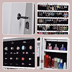 BOSTANA Jewelry Armoire 65" H,Full Length Mirror 360° Swivel, Storage Shelves, Lockable Standing Jewelry Cabinet Organizer with Large Storage Capacity,living room,bedroom (white)