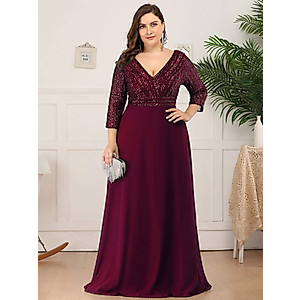 Ever-Pretty Women's Plus Size V-Neck Sparkle Sequins Chiffon Long Sleeves Formal Dresses Burgundy US26