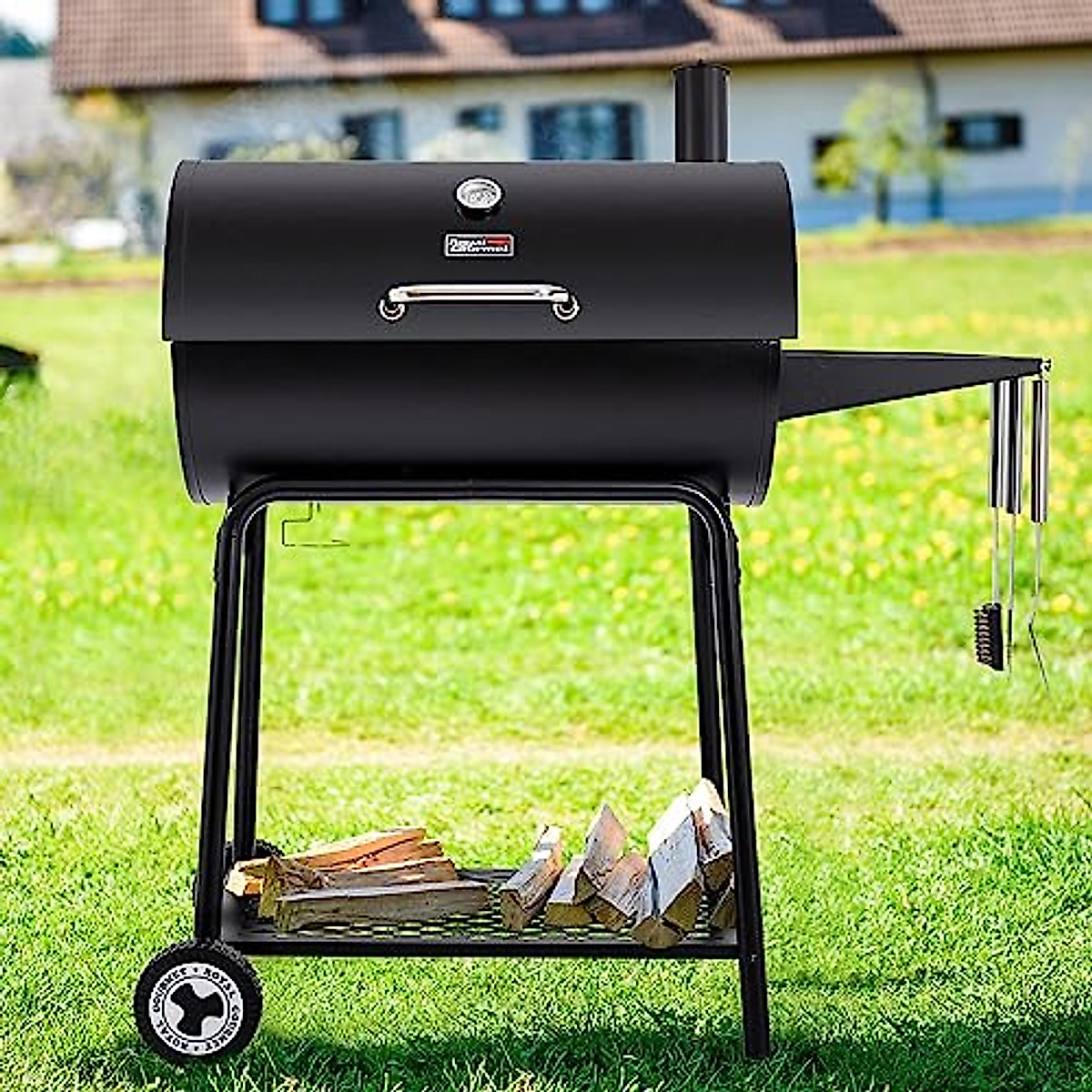 Royal Gourmet CC1830 30 Barrel Charcoal Grill with Side Table, 627 Square Inches, Outdoor Backyard, Patio and Parties, Black