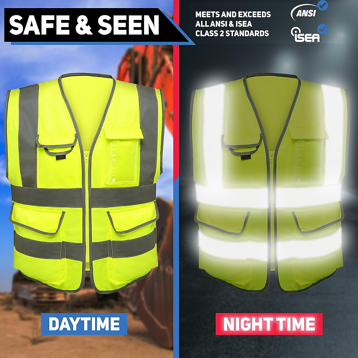Neiko 53993A Medium Ultra Reflective Safety Vest with Reflective Stripes & Zipper, Visibility Strips on Neon Yellow for Emergency, Safety Vest for Men and Women, Adult Safety Vest