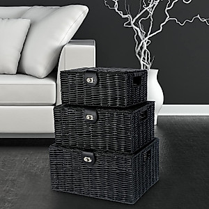 Honygebia Black Wicker Storage Baskets - Set of 3 Decorative Nesting Boxes with Lids, Woven Basket with Lock & Handle, Organizer for Beauty Makeup Bathroom Decor