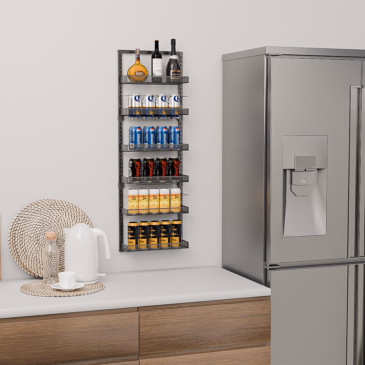 BRGMAUS Wall Mounted Baskets Set Kitchen Large Spice Rack 6 Tier Bathroom Shower Caddy Over the Door Storage Rack Heavy-Duty Metal Adjustable Organizer Pantry Organization 50" H x 6" D x 17" W