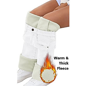 KDF Women's Flare Fleece Lined Jeans Thermal Fleece High Waisted Bell Bottom Jeans Winter Warm Fleece Pants 8,White
