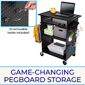Line Leader Stellar AV Cart | Reimagine Your Teacher Cart with Revolutionary Pegboard Siding & 12 Movable Peg Hooks for Customizable Storage | UL Safety Certified Mobile Workstation with Keyboard Tray