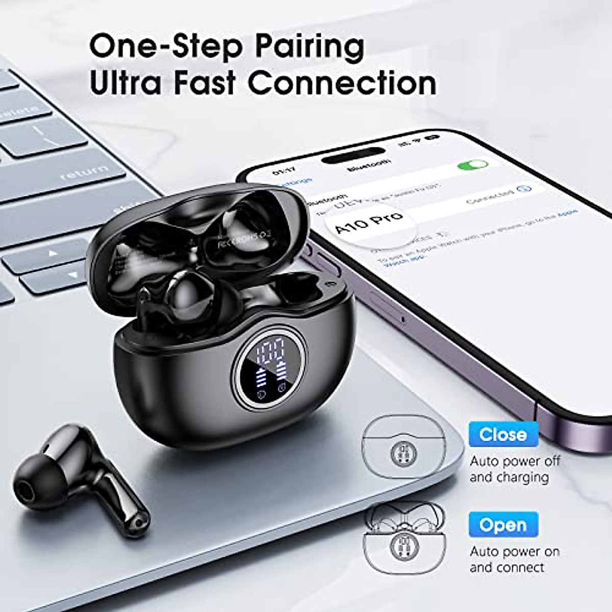 HKERR Wireless Earbuds, 50Hrs Playtime Bluetooth Earbuds Built in Noise Cancellation Mic with Charging Case, Bluetooth Headphones with Stereo Sound, IPX7 Waterproof Ear Buds for iPhone and Android