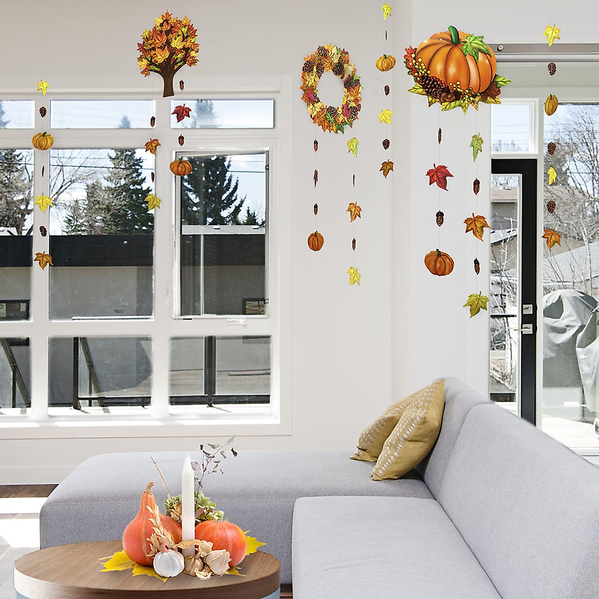 6 pcs Fall Pumpkin Leaf Garlands for Fall Party Decoration Thanksgiving Decor Autumn Birthday Banner Maple Leaves Hanging Garland Streamer Backdrop for Wedding Bridal Baby Shower Party Supplies