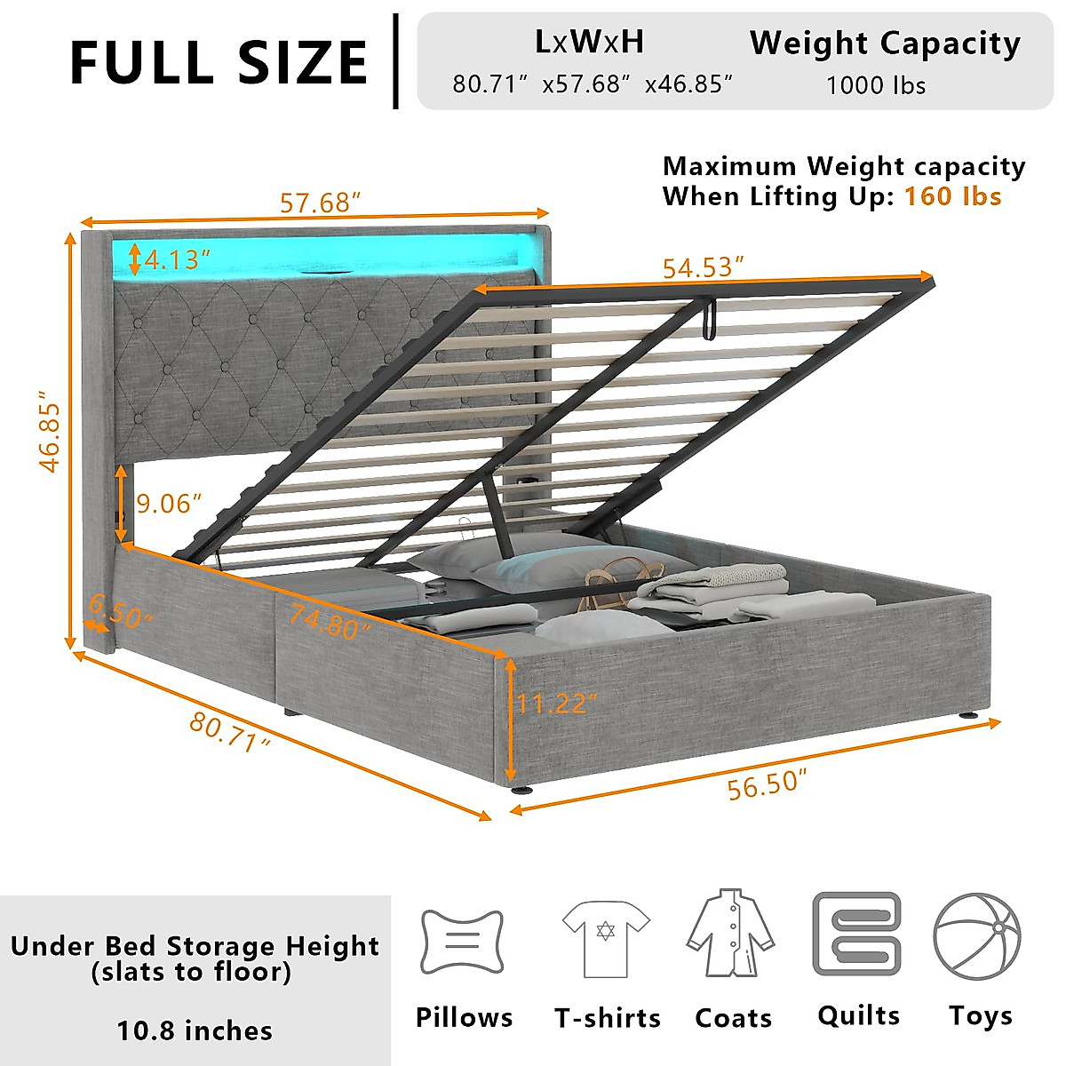 Loomie Full Lift Up Bed Frame with Charging Station & LED Lights, Upholstered Bed with Button Tufted Wingback Storage Headboard, Hydraulic Storage, No Box Spring Needed, Wood Slats Support,Light Grey