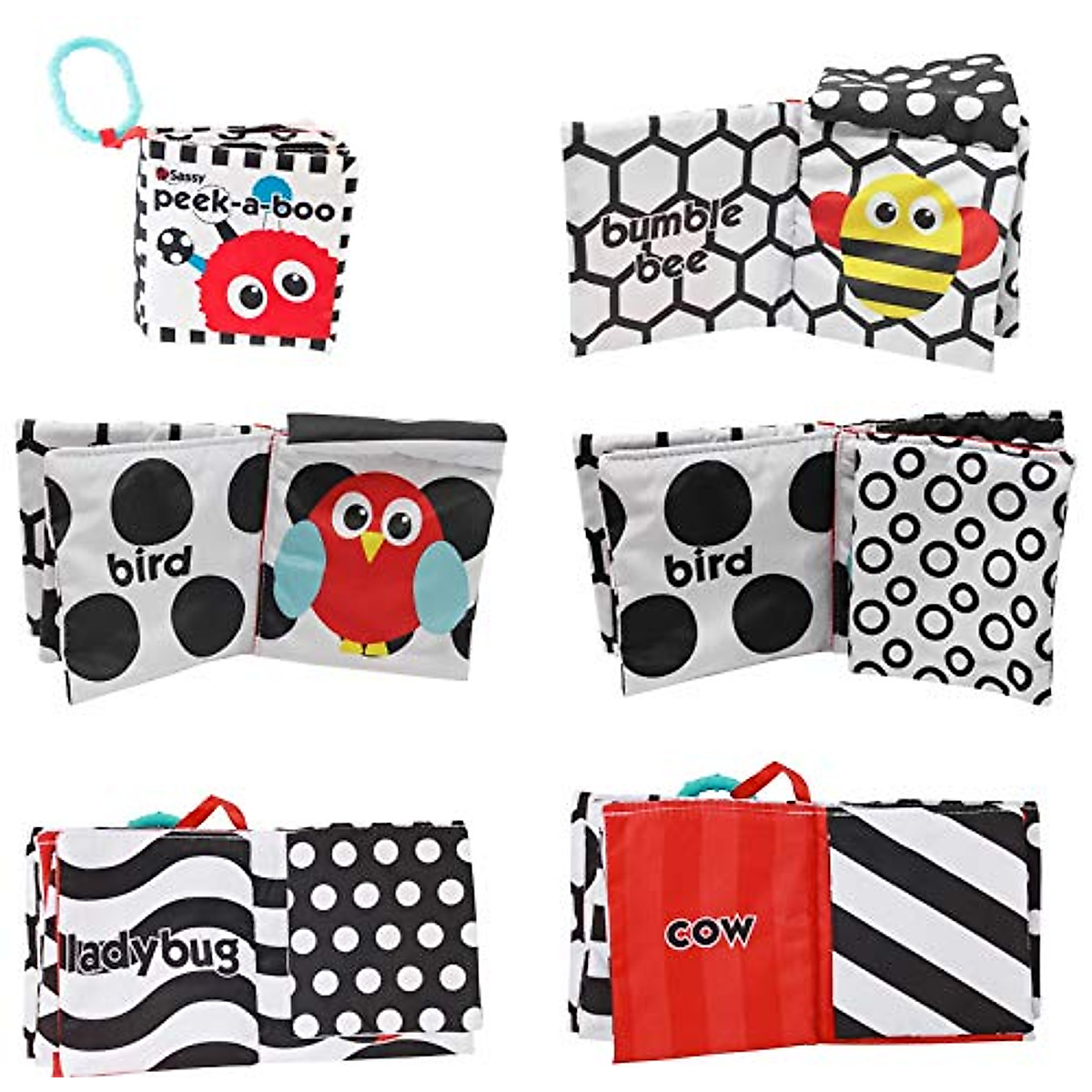 Sassy Peek-a-Boo Activity Book with Attachable Link for On-The-Go Travel | Black & White | for Ages Newborn and Up