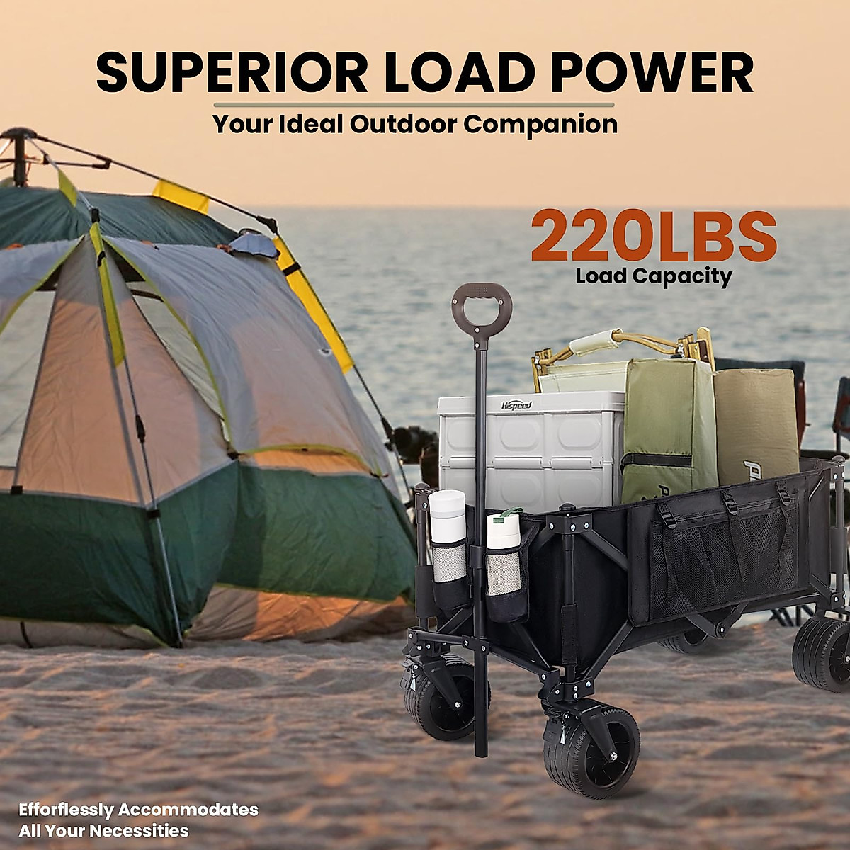 Collapsible Folding Wagon, Beach Wagon Cart Heavy Duty Foldable with Big All-Terrain Beach Wheels for Sand, Collapsible Outdoor/Garden Utility Wagon cart - 220lbs Weight Capacity