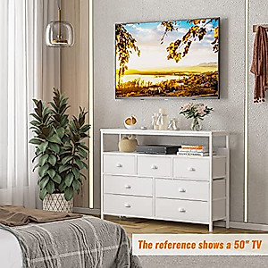 Furologee White TV Console Table, TV Stand with 7 Storage Drawer, Sofa Table with 2-Tier Shelves, Entertainment Center for 45" TV, Storage Fabric Drawer Unit for Bedroom, Living Room, Entryway