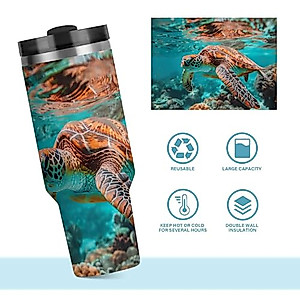 FRCSDIY Underwater Turtle Insulated Tumbler with Handle and Straw Lid,30oz Leakproof Stainless Steel Cup BPA-Free Water Bottle