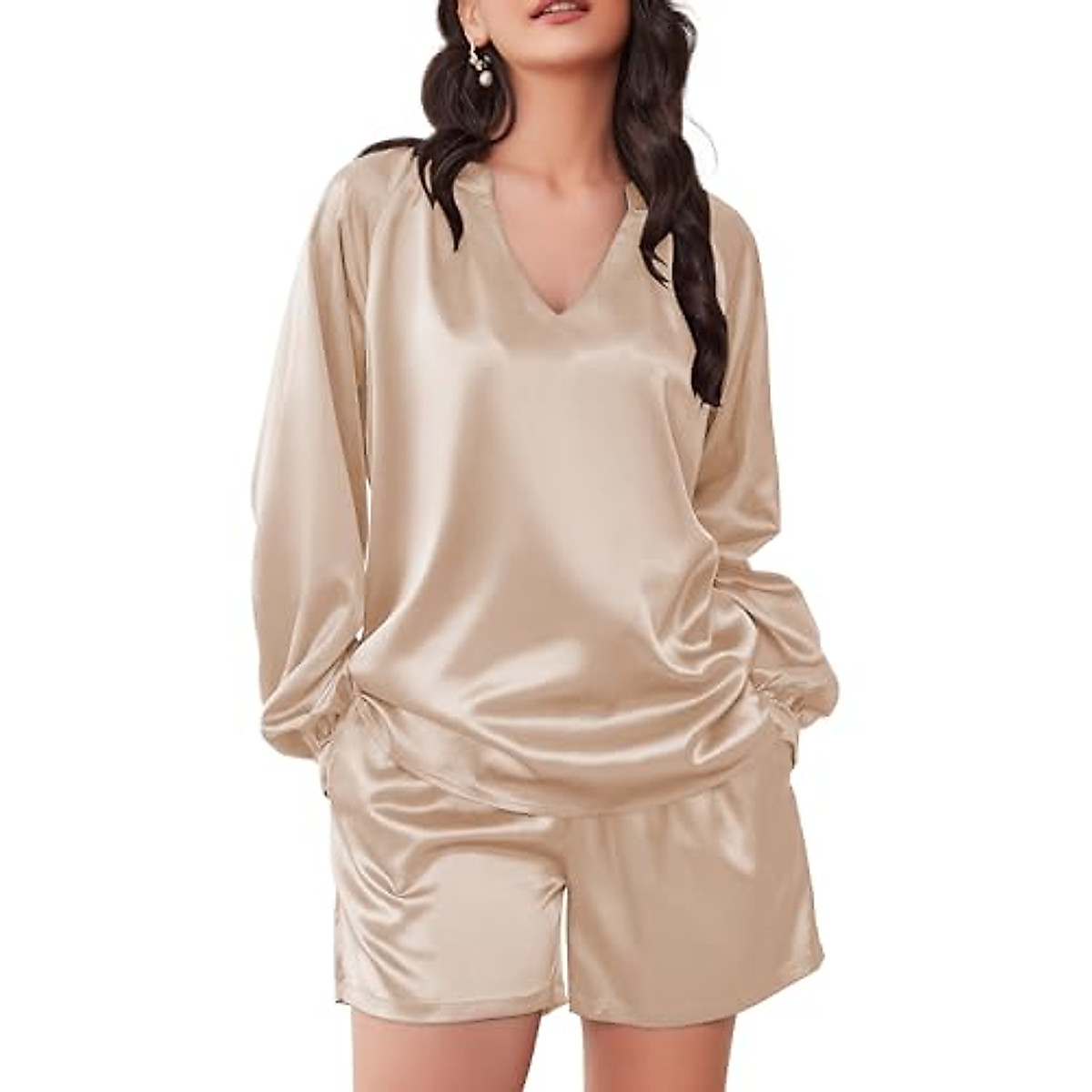 Ekouaer Satin Silk Pajama Set for Women V Neck Long Sleeve Tops and Shorts Matching Set with Pockets Champagne Medium