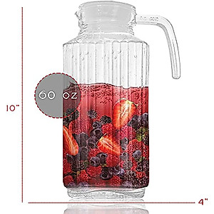 Glass Pitcher - Beverage Serveware and Storage Container for Hot Drink or Cold Drinks. 60oz. Glass Water Fridge Pitcher with Lid, Juice Container, Water Jug, Iced Tea Pitcher or Milk Pitcher Cocktails