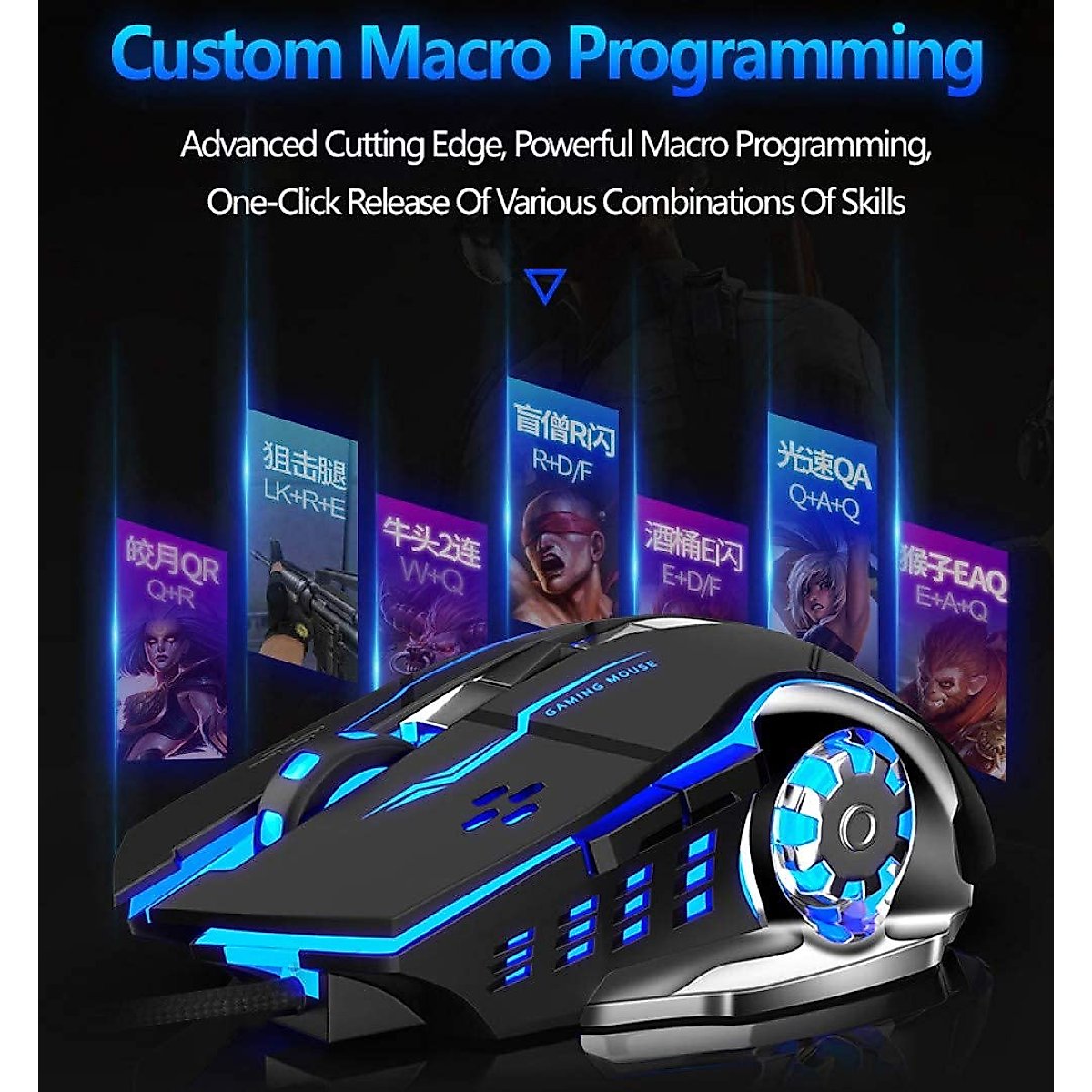 Gaming Mouse, Ergonomic USB Wired Gaming Optical Mice with 6 Programmable Buttons and 4 Colors LED Backlight, 4 DPI Settings Up to 2400 DPI Computer Mouse for Laptop PC Games & Work(Black)
