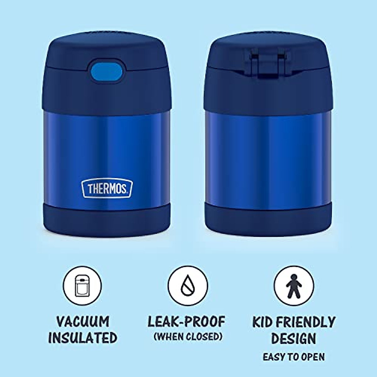 THERMOS FUNTAINER 12 Ounce Stainless Steel Vacuum Insulated Kids Straw Bottle, Blue & FUNTAINER 10 Ounce Stainless Steel Vacuum Insulated Kids Food Jar with Folding Spoon, Navy