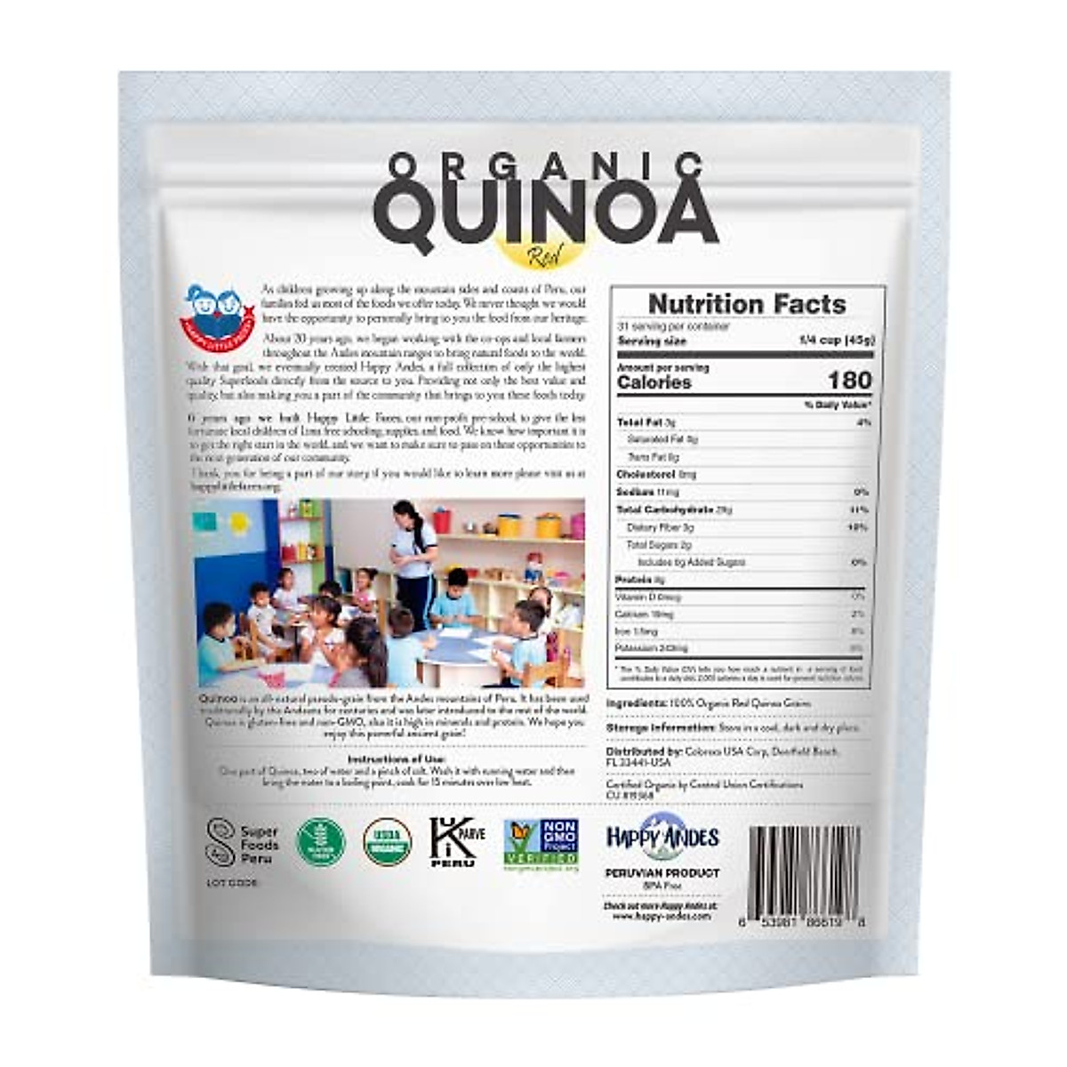 Happy Andes Red Organic Quinoa 3 lbs -Non-GMO,100% Peruvian, Superior taste,Gluten-free,rice replacement, Pre-washed, whole grain, USDA-certified, Complete Plant Protein, superfoods Peru, high in fiber&iron, kosher.