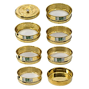 EISCO Set of 6 Test Sieves, 8 Inch - ASTM No. 10, 18, 35, 60, 120 & 230 - Brass Frames with Stainless Steel Wire Mesh - Stackable with Receiving Pan & Top