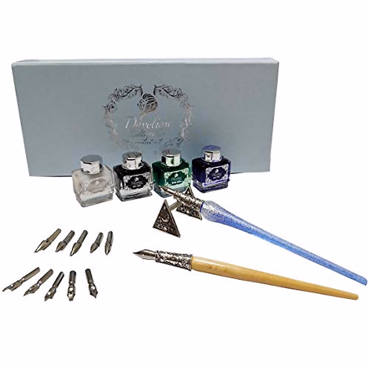 DAVELIOU 19-Piece Wizard Calligraphy Set for Beginners and Professionals, Creates Clean and Smooth Lines, Calligraphy Kit Includes Pens, Inks, Nibs, and Case (Blue & Silver)