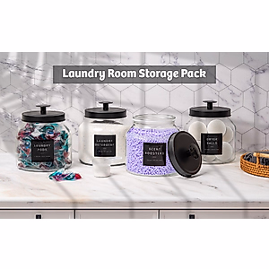 4 Pack Laundry Room Organization and Storage Containers 64 Oz With Labels, Half Gallon Glass Laundry Organizer Jar Holder For Laundry Pods, Scent Booster, Detergent, Dryer Balls Includes 4 Scoops