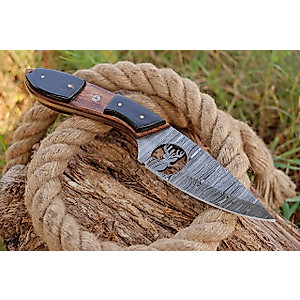 TMBrands Damascus Hunting Knife, Fixed Blade Knife & Camping Knife with Rose Wood & Buffalo Horn Handle & Knife Sheath