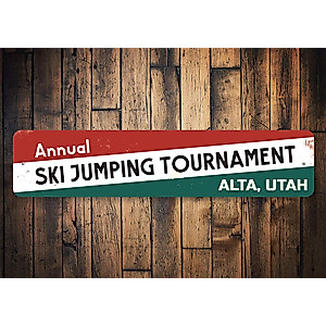 Annual Ski Jumping Tournament Sign, Ski Location City State Sign, Custom Ski Lodge Aluminum Decor - 4" x 18"