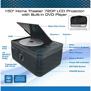 Naxa Electronics NYP-2502C 150″ Home Theater LCD Projector Combo with Built-in DVD Player, Remote, and Case, Gaming Consoles, Bluetooth, HDMI x 2, USB 2.0, MicroSD Support, VGA, Black (NVP-2502C)