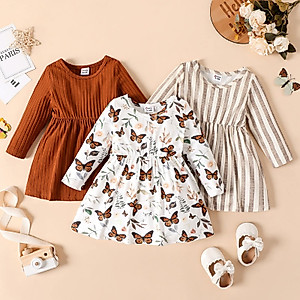 PATPAT Baby Girl Dress Infant Girls Long Sleeve Casual Dress Round Neck Floral Print A-Line Dress