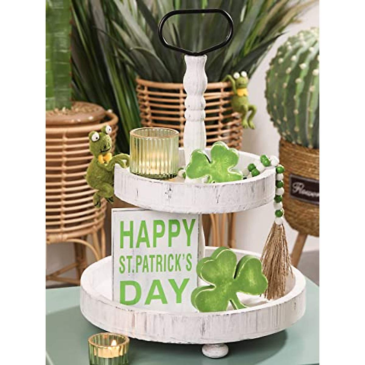 RM ROOMERS St Patrick’s Day Tiered Tray Decor, 4pcs Farmhouses St Patricks Day Table Decor, Irish Theme Wooden Shamrock Signs Table Centerpieces for March, Office, Home