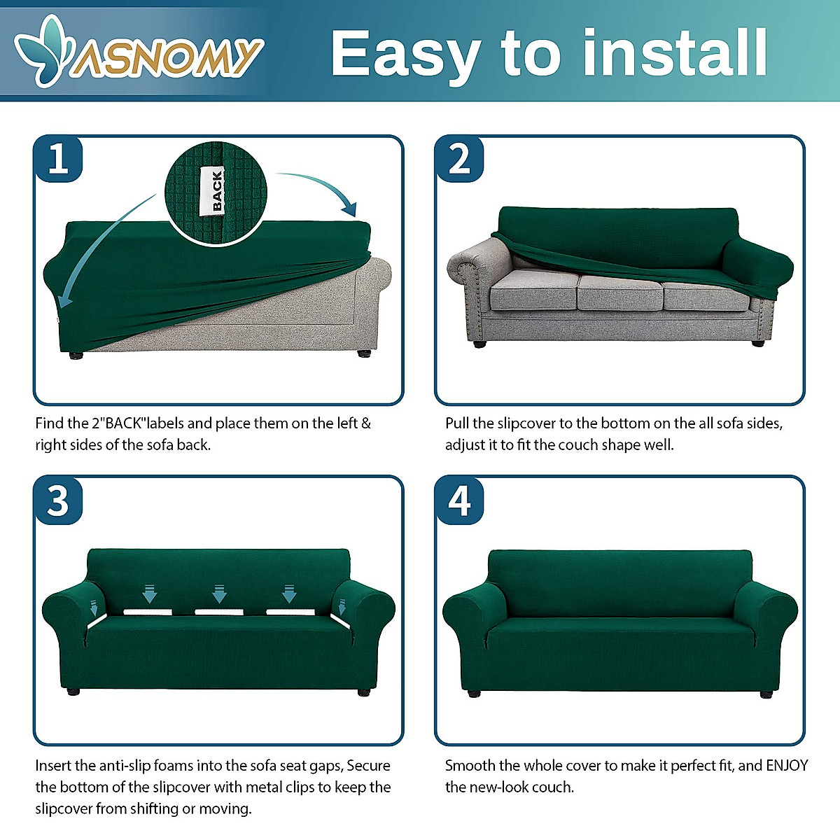 Asnomy Couch Covers for 3 Cushion Couch Stretch Sofa Covers Slipcovers, Pet Protector Furniture Covers for Dogs Cats Spandex Jacquard Fabric Small Checks （Large，Blackish Green）