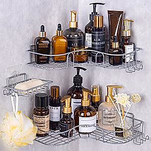 Homeve Corner Shower Caddy, 3 Tier Organizer Shelf with Adhesive Hooks and Soap Dish, No Drilling, RustProof, Heart shape Basket Shelves for Bathroom and Kitchen Corner Storage Accessories (Silver)