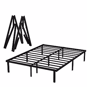 Flolinda Foldable Full Size Bed Frame Metal Platform Bed Sturdy Full Bed Frame 10 Minutes Quick Assembly Steel Slats 11 Legs Support No Box Spring Needed Noise-Free 14inch Black