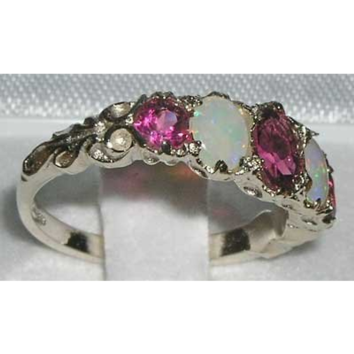 LetsBuyGold 14k White Gold Natural Pink Tourmaline and Opal Womens Band Ring - Size 4.75